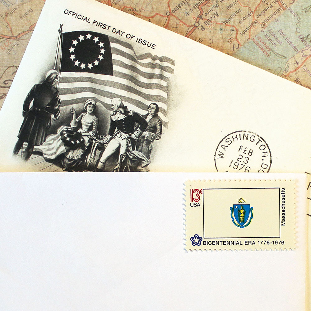 13c Massachusetts State Flag Stamps .. Vintage Unused US Postage Stamps ...