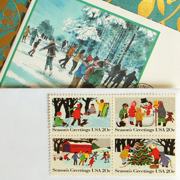 20c Children Playing in Snow Stamps .. Vintage Unused US Postage Stamps ...