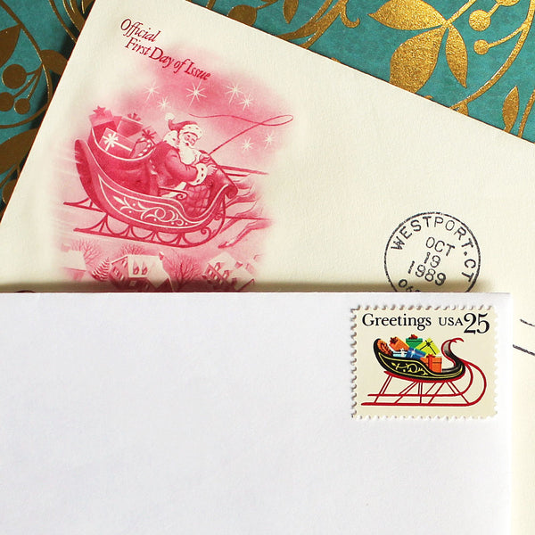 25c Sleigh with Presents Stamps .. Vintage Unused US Postage Stamps ...